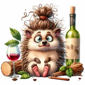 15 Funny Hedgehog PNG Clipart - Cute Hedgehog With Messy Bun, Wine ...