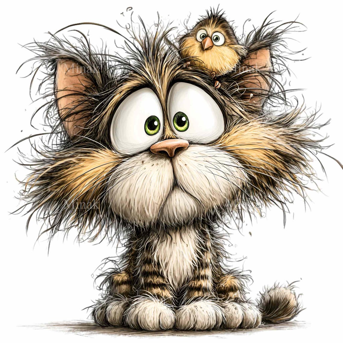 15 PNG Funny Cat Clipart – Cute Scruffy Cat PNG With Bird – Humorous ...