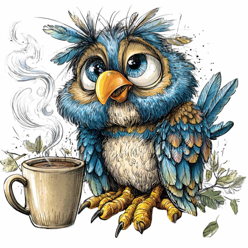 10 PNG Coffee Bird – Cute Blue Owl Clipart – Morning Coffee Art for ...
