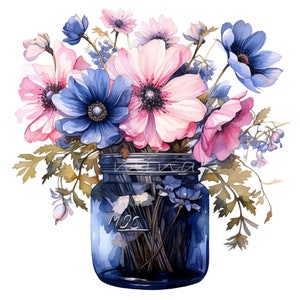 10 Blue Floral Jar PNG Clipart - Mason Jar With Elegant Blue Flowers ...