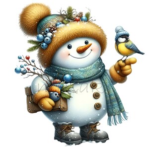 Cute Snowman Clipart With Bird, Winter Hat and Scarf Illustration, 14 ...