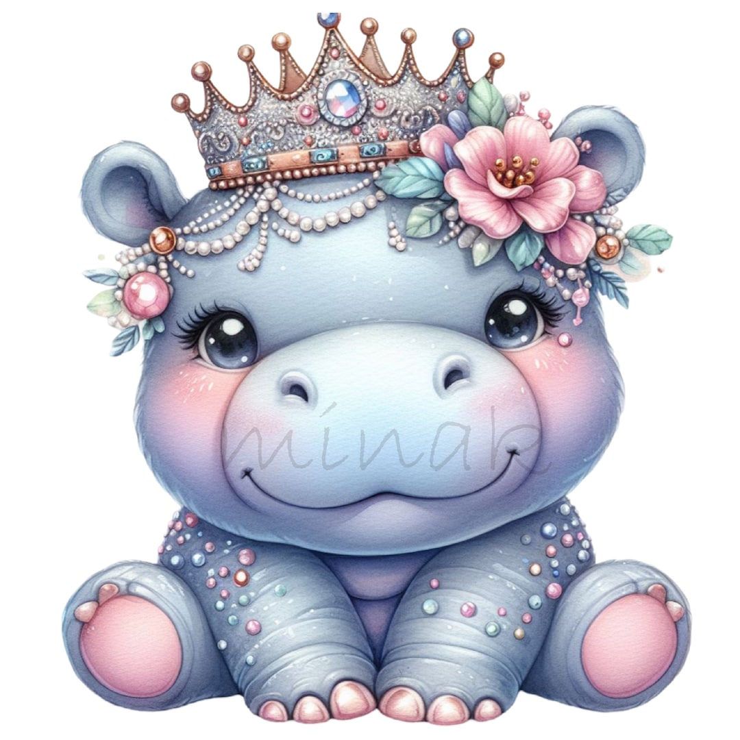 Hippopotamus Clipart, 15 PNG Watercolor Princess Cartoon Animals Clip ...