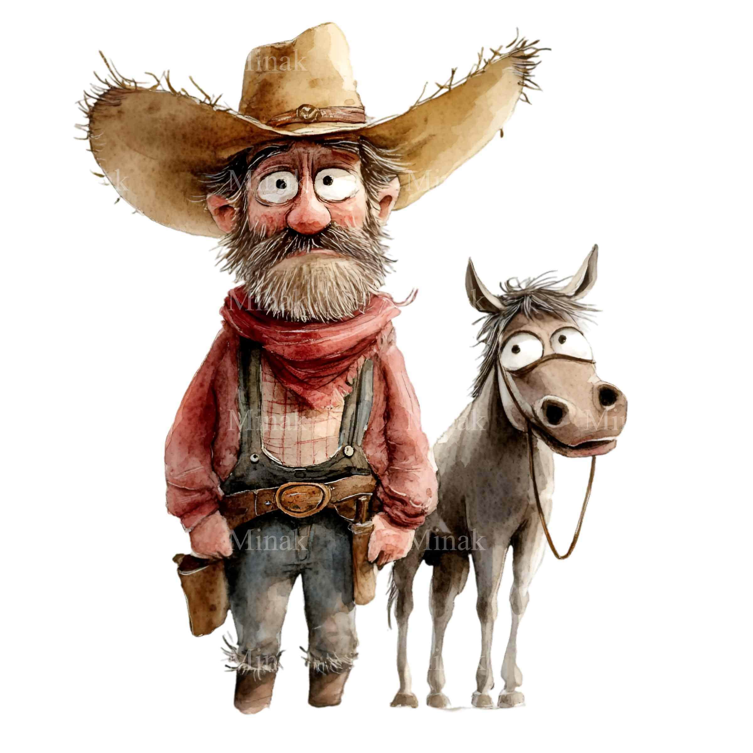 12 Funny Cowboy PNG and Horse PNG Clipart, Western Cartoon Illustration ...
