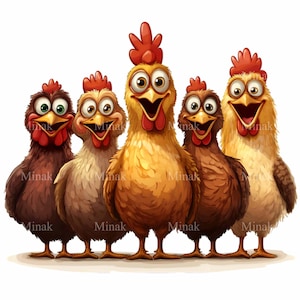 12 Happy Cartoon Chickens PNG Clipart - Four Colorful Hens With Smiling ...