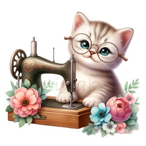 Kitten Clip Art, 12 PNG Cat Sewing Craft, Seamstress Sewing Machine ...