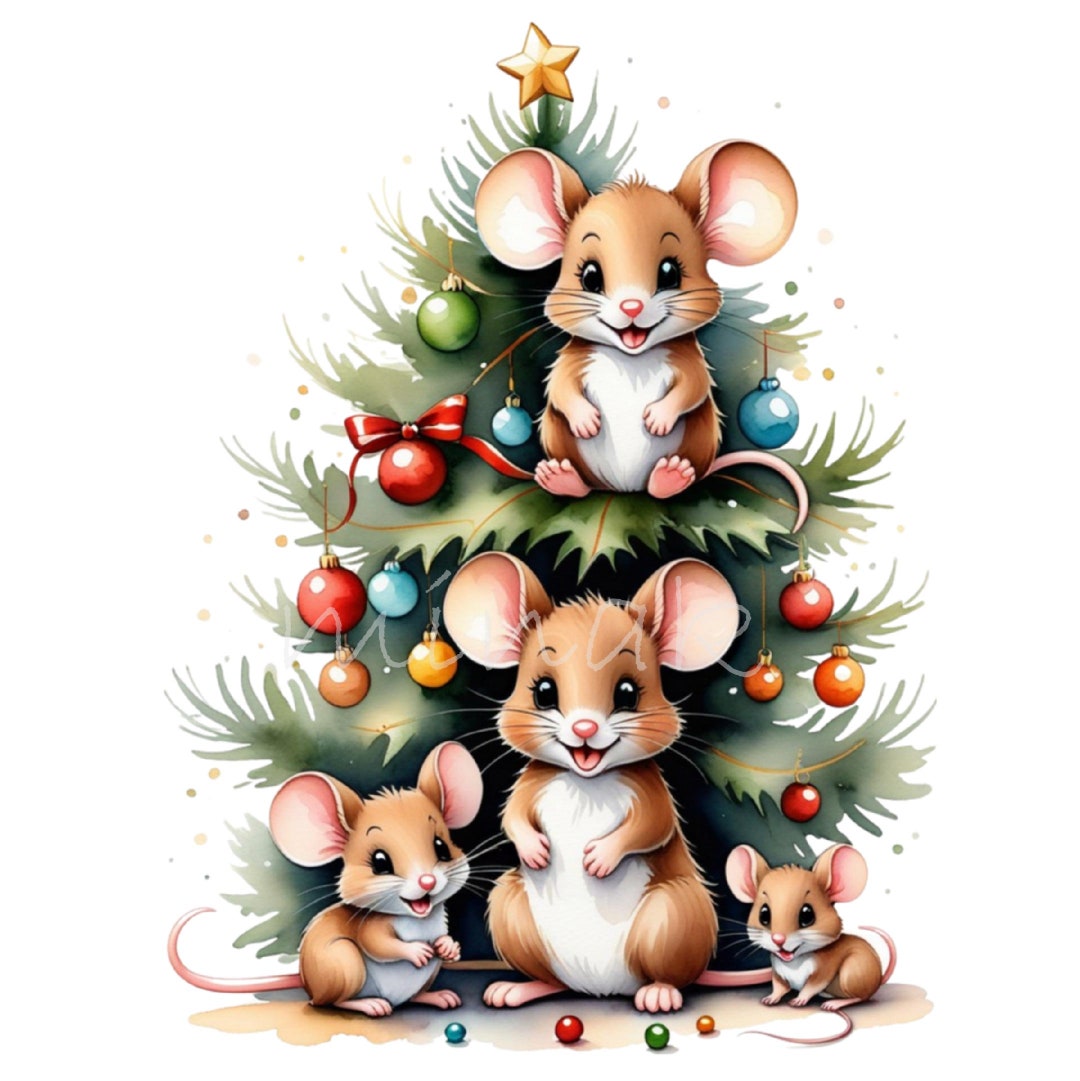 12 Christmas Mice Clipart – Cute Mouse Family With Tree and Ornaments ...