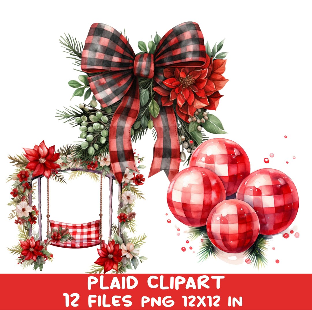 Plaid Christmas Clipart Set 12 PNG Files, Festive Bows, Ornaments ...