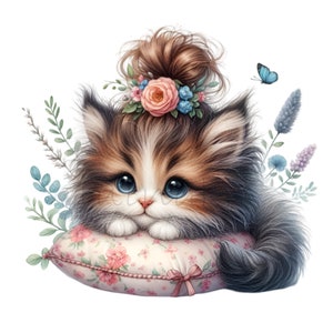 12 PNG Fluffy Kitten Clipart – Cute Cat PNG – Floral Pillow ...