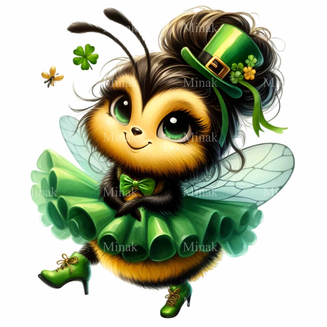 10 Cute Irish Bee PNG Clipart, Adorable Bumblebee in Green Dress With ...