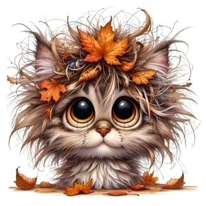 Adorable Fluffy Cat Clipart With Autumn Leaves and Pumpkins | Cute Fall ...