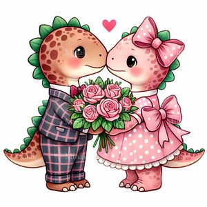 10 Romantic Dinosaur Couple PNG Clipart, Cute Dino With Roses Digital ...