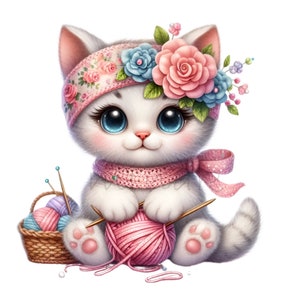 Knitting Kitten Clipart, 10 Cute Cat With Flowers and Yarn, Digital Art ...