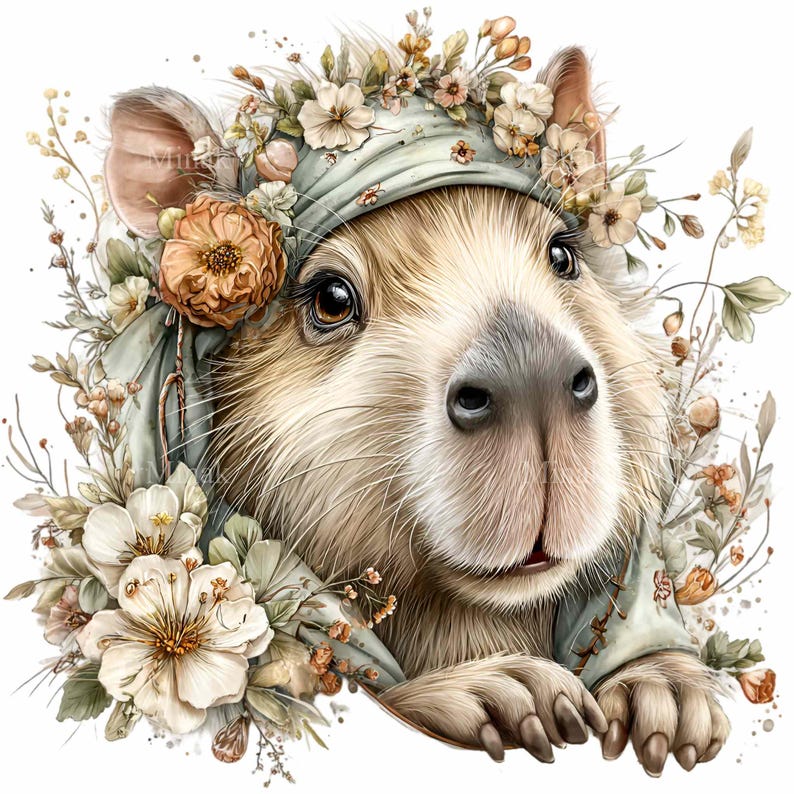 15 PNG Floral Capybara Clipart – Cute Animal PNG With Neutral Flowers ...