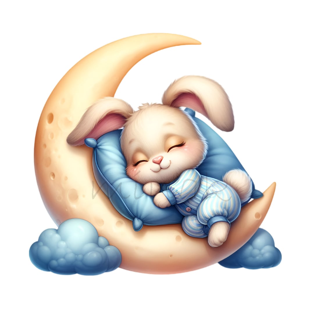 12 Sleeping Bunny Clipart PNG - Cute Moon and Clouds Digital Art for ...