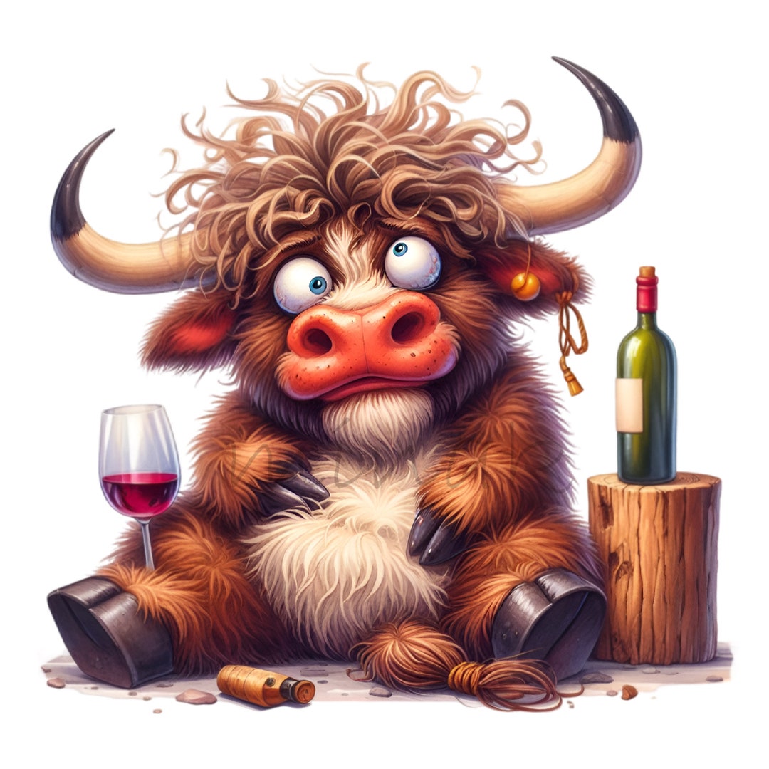 Funny Highland Cow Drinking Wine Clipart PNG - 12 Cute Furry Bull With ...