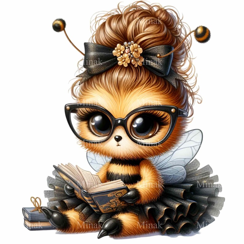 12 Bee Reading PNG Clipart | Cute Bee With Glasses and Book | Whimsical ...