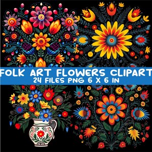 Folk Art Flowers Clipart Bundle 24 PNG Floral Rustic Patterns Card ...