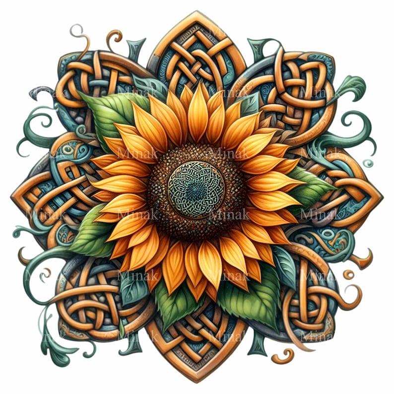 15 PNG Celtic Sunflower Clipart, Knotwork Floral Sublimation, Irish ...