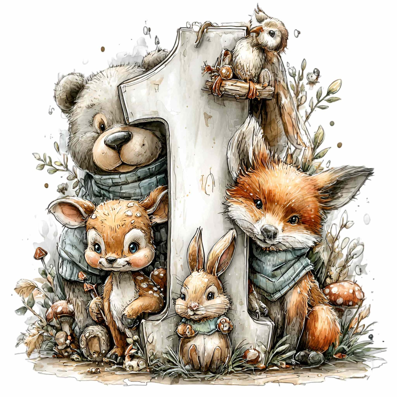 15 PNG Woodland Animals Number 1 Clipart – First Birthday PNG for ...