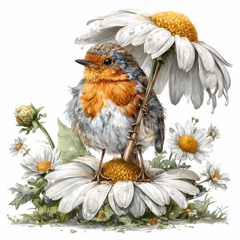 15 PNG Robin Bird Clipart, Daisy Umbrella Garden, Spring Floral ...