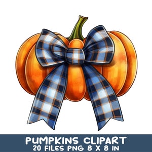 Autumn Pumpkin Clipart With Plaid Bow and Flowers 20 Fall Harvest PNG ...