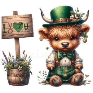 15 Cute Highland Cow PNG, St. Patrick’s Day Cow in Green Kilt and Hat ...