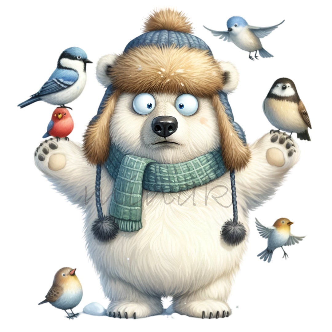 12 Cute Polar Bear Clipart PNG Winter Bear With Birds Illustration ...