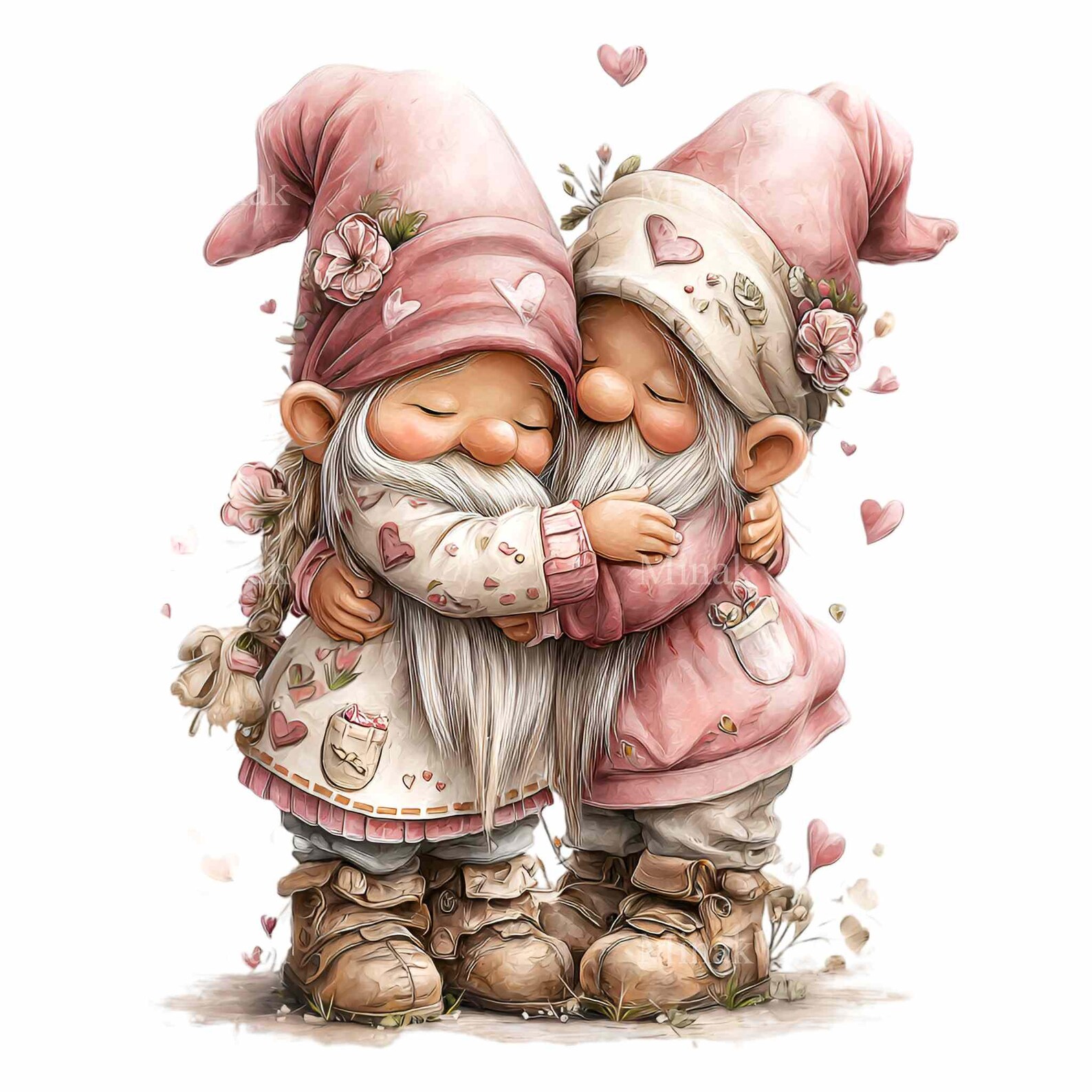 15 PNG Gnome Couple Clipart, Watercolor Love Gnomes Hugging Hearts ...