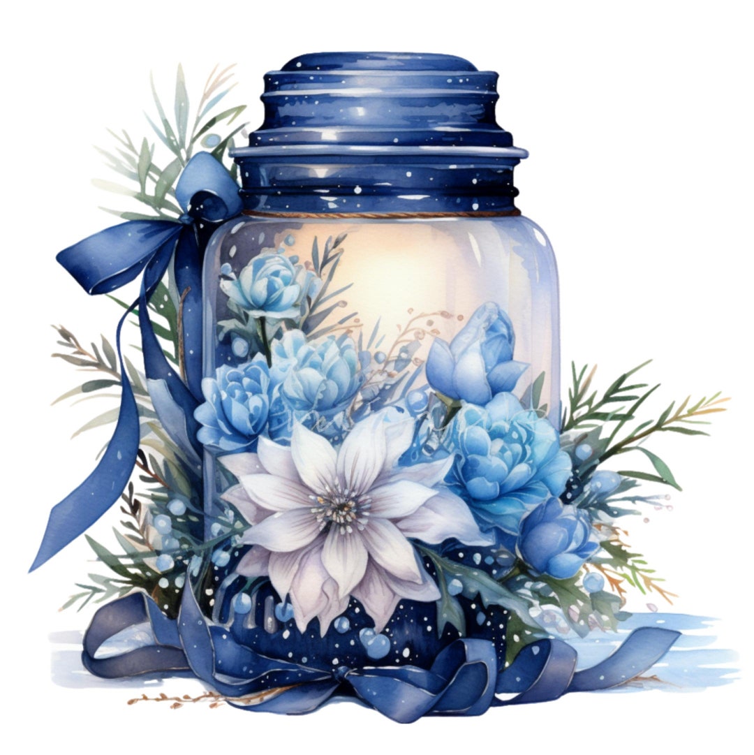Floral Mason Jar Clipart - Watercolor Blue Flowers in Glass Jar With ...