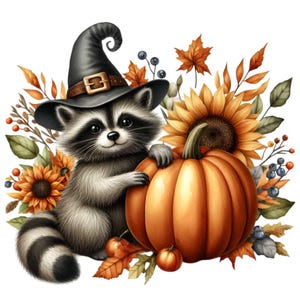 Raccoon Witch Clipart With Pumpkin and Sunflowers, Autumn Harvest Art ...