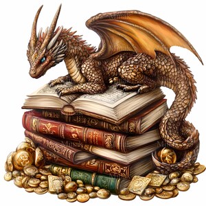 12 Magical Dragon on Books PNG Clipart – Fantasy Library Dragon With ...