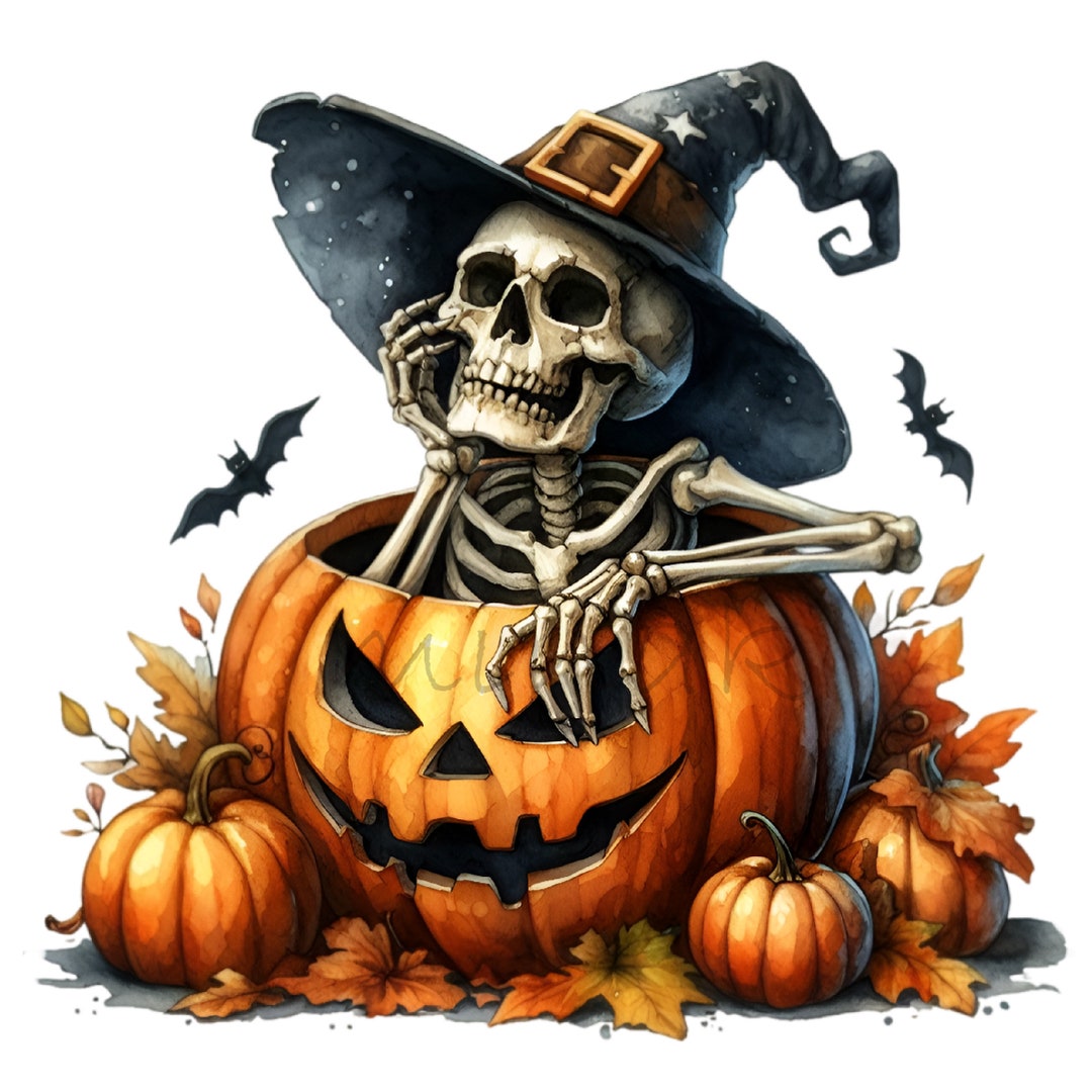 Halloween Skeleton in Witch Hat With Pumpkins 16 PNG Clipart Perfect ...