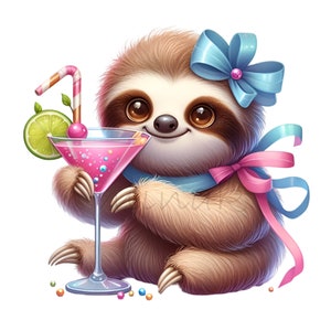 Sloth Summer Drinking Cocktails 12 PNG Funny Party Graphics Cartoon ...