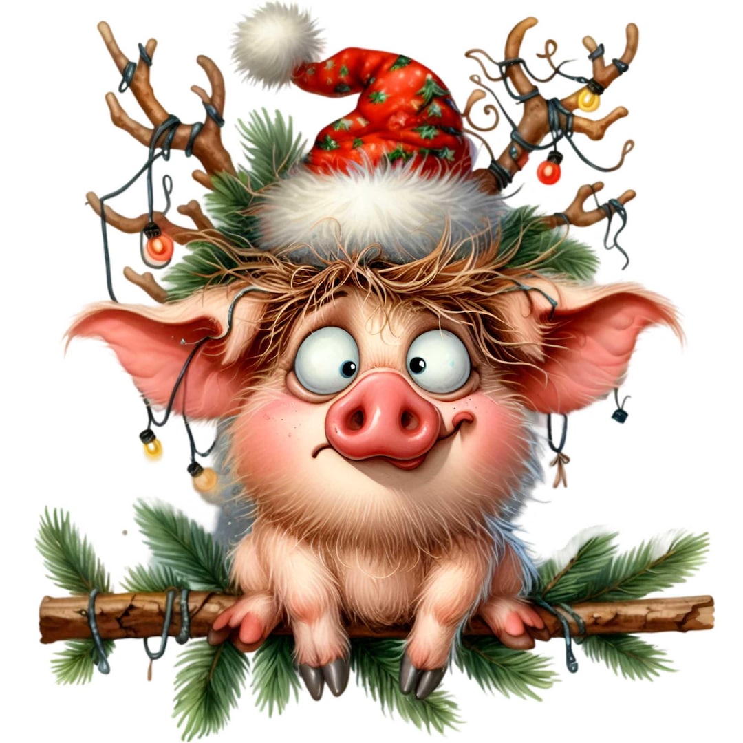 10 Funny Christmas Pig PNG Clipart With Santa Hat and Antlers, Cute ...