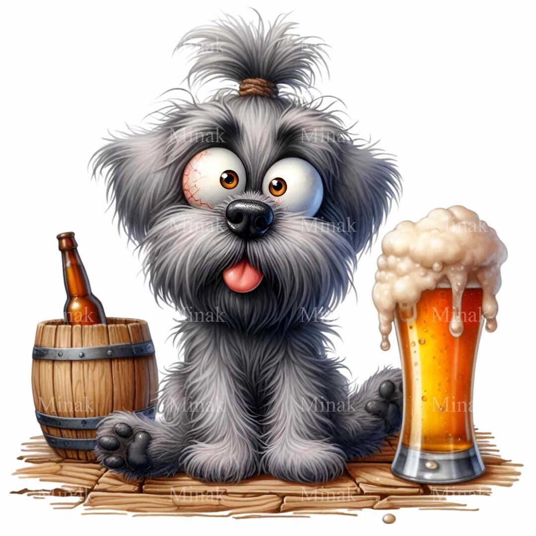 12 Funny Dog PNG Clipart, Scruffy Pup With Beer Mug and Bottle, Cute ...