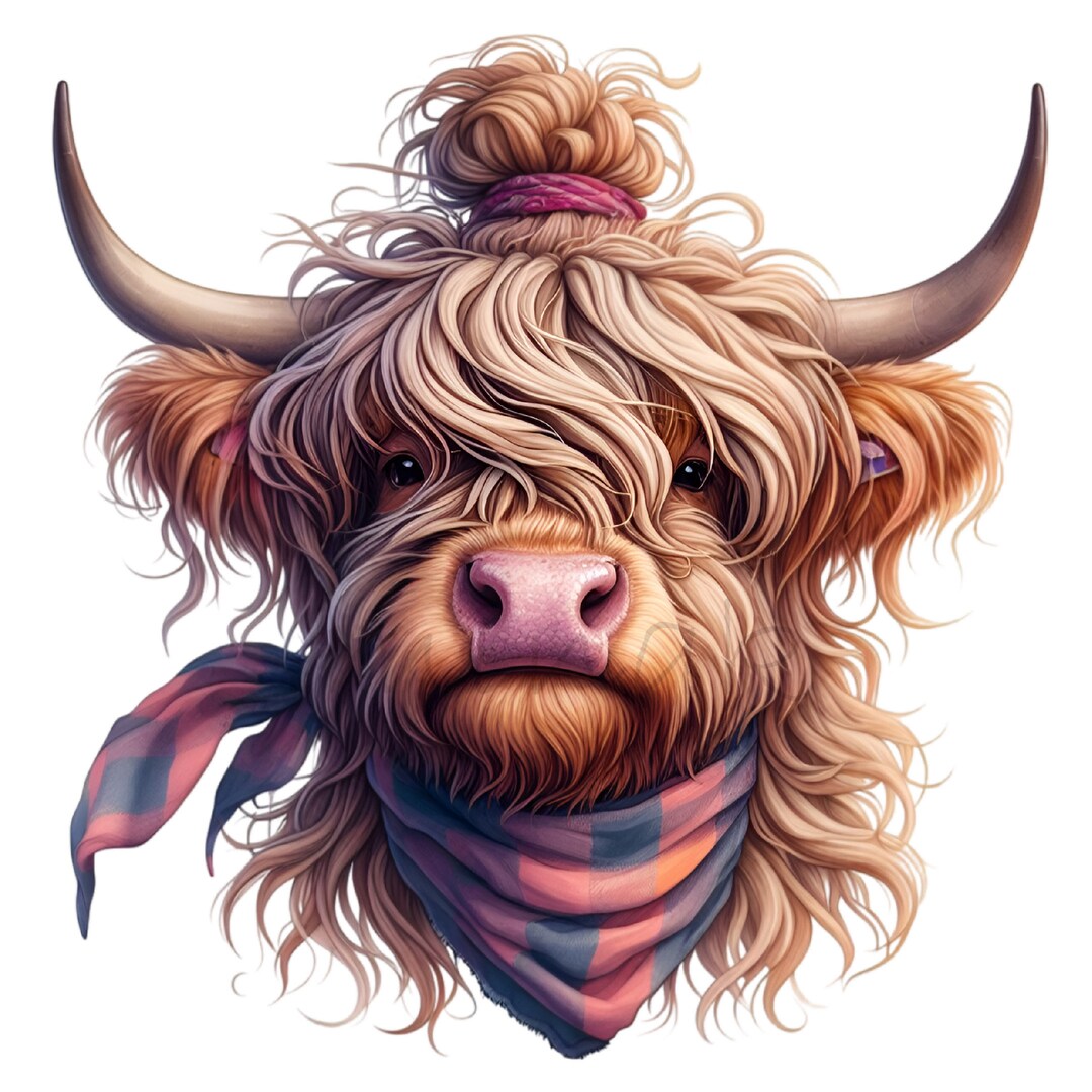 Highland Cow Clipart, 12 Cute Cow With Bandana and Bun PNG, Rustic Farm ...
