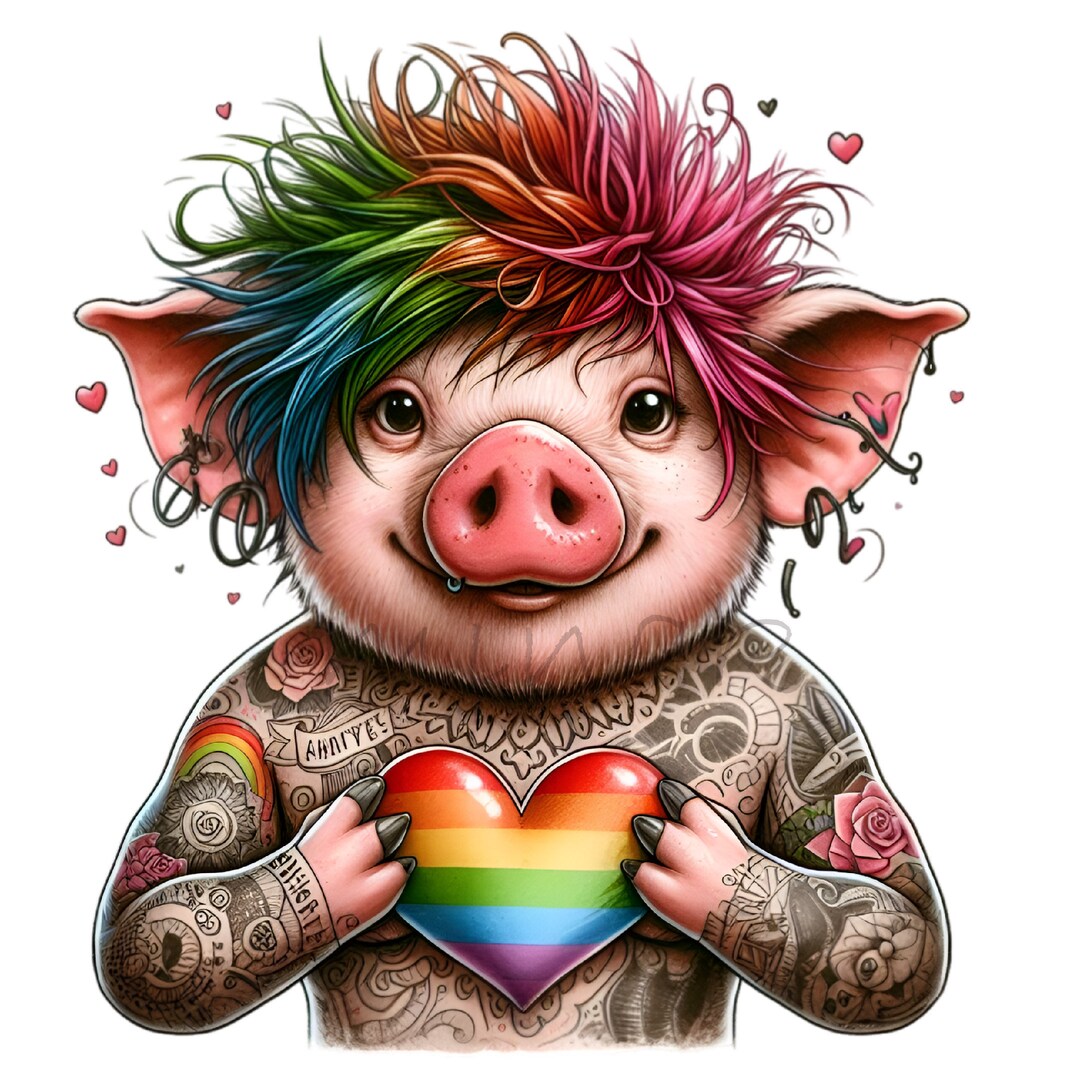 Rainbow-haired Pig Clipart With Heart and Tattoos 12 Fun PNG Art for ...