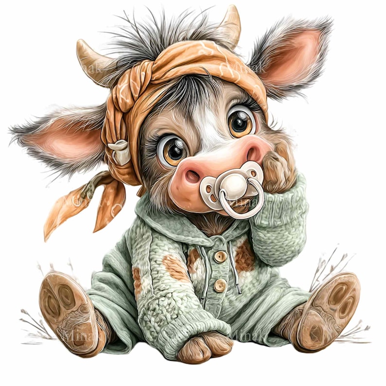 16 PNG Baby Cow Clipart – Newborn Calf With Pacifier and Headband for ...