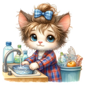 Dishwashing Cat Clipart PNG 15 Cute Kitten Doing Dishes Illustration ...