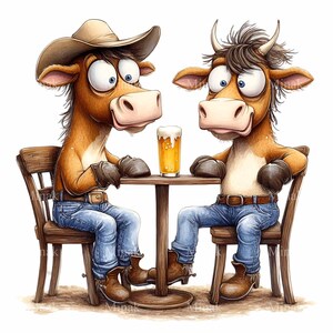15 Funny Cowboy Cows PNG Clipart, Cartoon Bulls Drinking Beer, Western ...
