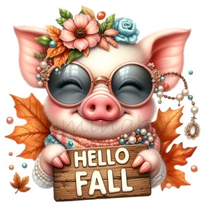 Fall Pig Clipart PNG 10 Cute Pig With Glasses, Scarf, and 'hello Fall ...