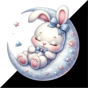 10 PNG Sleeping Bunny Clipart – Cute Rabbit on Moon With Flowers ...