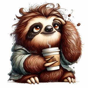 Sloth PNG Clipart - 15 Cute Sloth With Coffee Cup and Beanie - Perfect ...