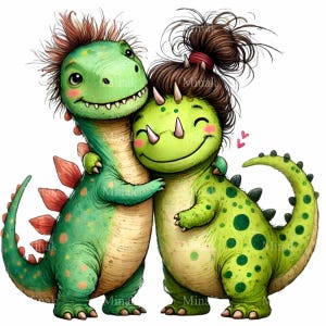 15 Cute Dinosaur Couple PNG Clipart, Adorable Green Dinosaurs Hugging ...