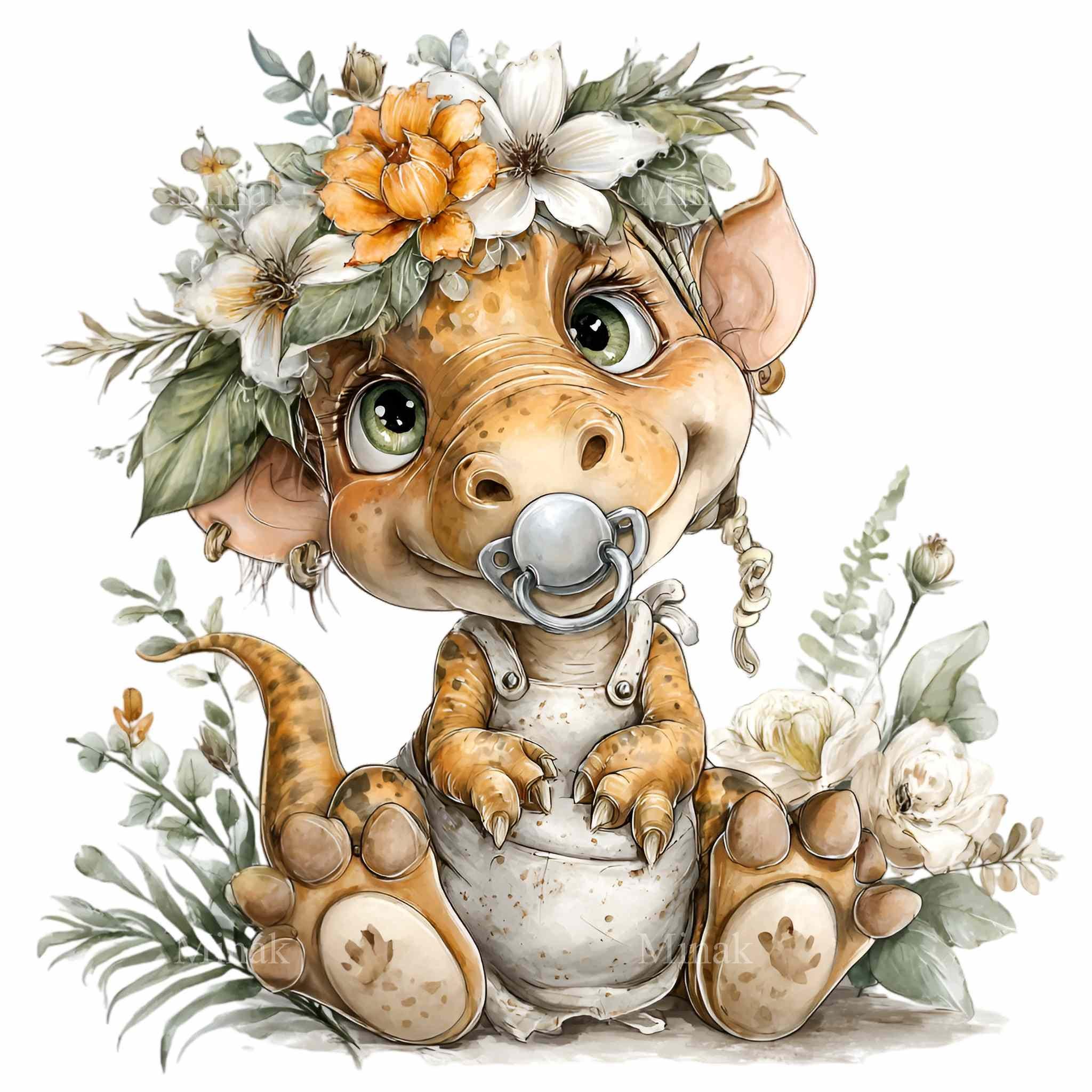 15 PNG Baby Dinosaur Clipart Floral Illustration, Watercolor Dino ...