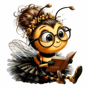 12 Bee Reading PNG Clipart | Cute Bee With Glasses and Book | Whimsical ...
