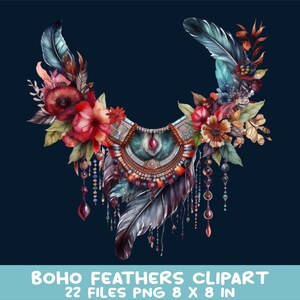Feathers Clipart Bundles, 22 PNG Boho Watercolor Beaded Plumes Garland ...