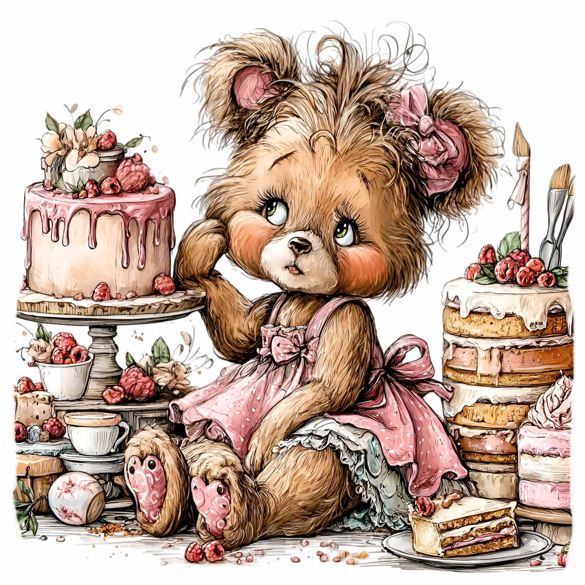 10 PNG Birthday Bear Clipart – Girl Animal, Cake Party Decor (digital ...