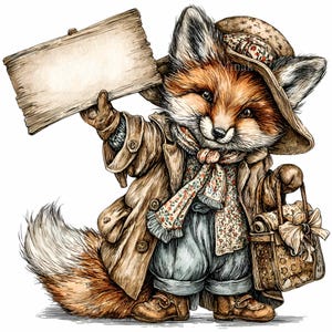 10 PNG Blank Sign – Vintage Fox Clipart – Cute PNG for Cards, Labels ...