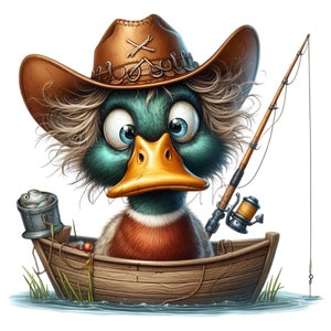 Fishing Cowboy Duck Clipart 14 PNG Humorous Cartoon Duck in Boat With ...